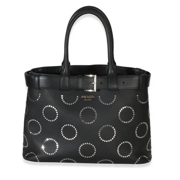 Prada Studded Buckle Leather Tote - Black