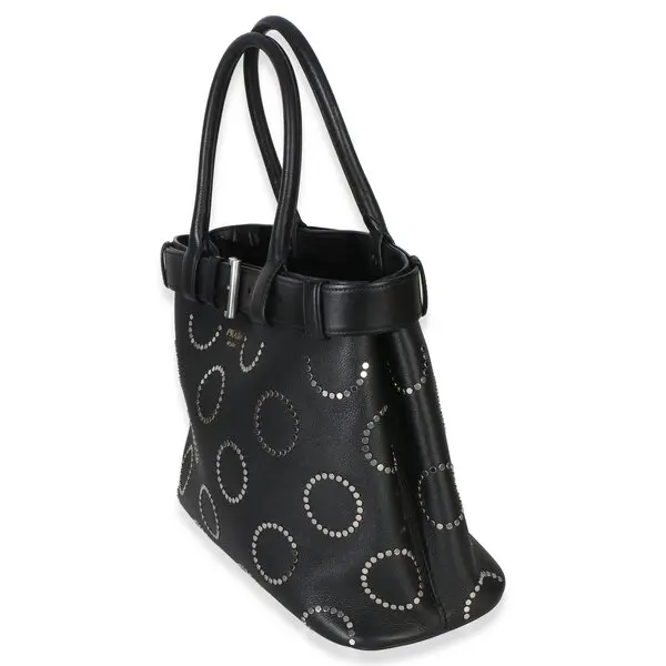Prada Studded Buckle Leather Tote - Black