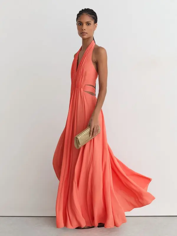 REISS Cara Halterneck Pleated Maxi Dress - Coral Pink