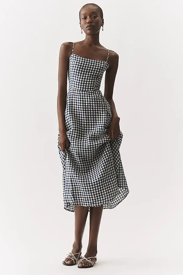 Anthropologie European Linen Strappy Midi Dress - Navy Gingham