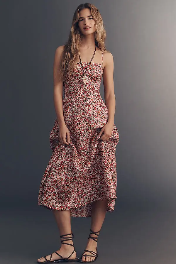Anthropologie European Linen Strappy Midi Dress - Pink Floral