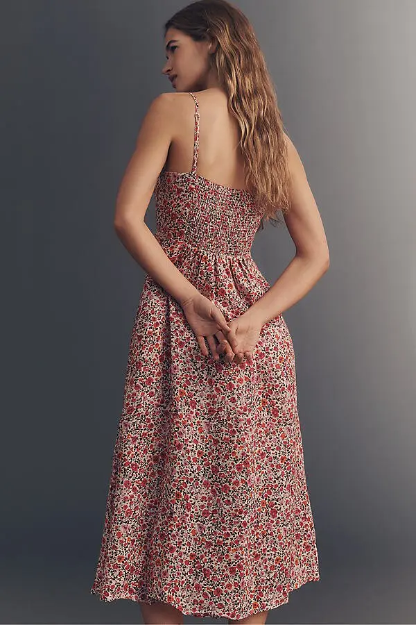 Anthropologie European Linen Strappy Midi Dress - Pink Floral | Editorialist