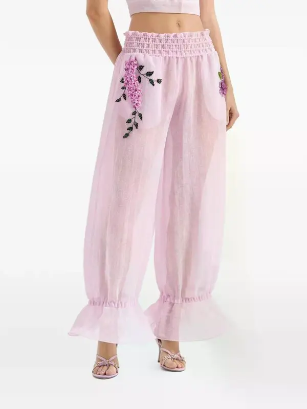 GENNY Floral Appliqué Ruffled Trousers - Pink
