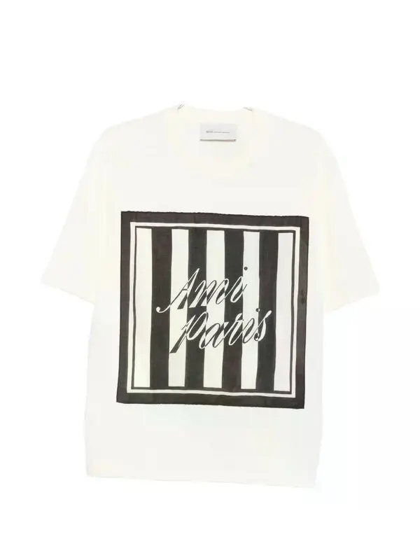 Ami Logo-print Striped-patch T-shirt - Neutrals