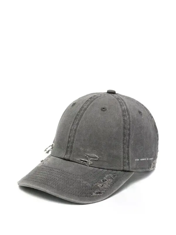 STAY HUMAN ON EARTH Distressed Baseball Cap With Safety-pin Detail - Grey