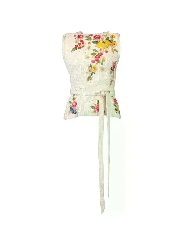 MARY KATRANTZOU Juda Floral-embroidered Top - Neutrals