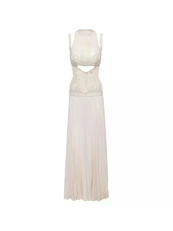 NISSA Crochet-panel Pleated Maxi Dress - Neutrals