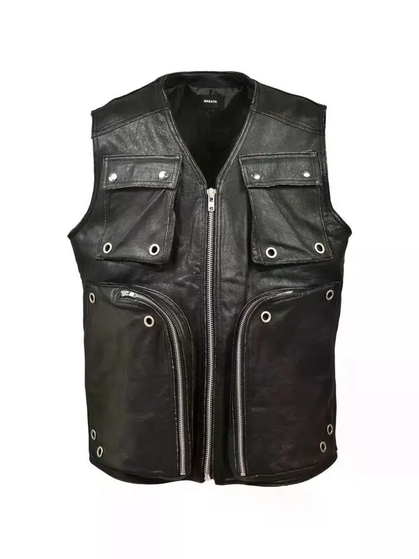 BREATH Grunge Eyelet-embellished Leather Cargo Vest - Black