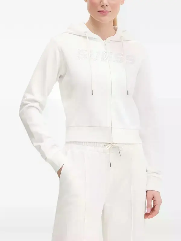 Guess Rhinestone Logo Zip-up Hoodie - White