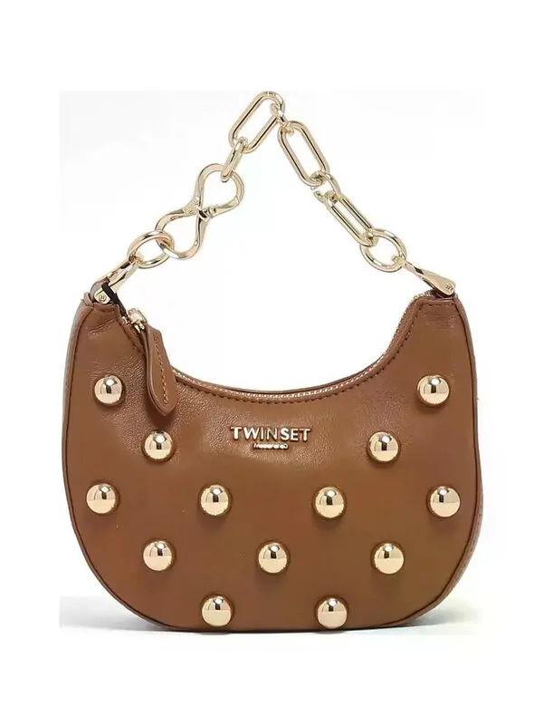 TWINSET Leather Clutch With Studs And Chain - Brown