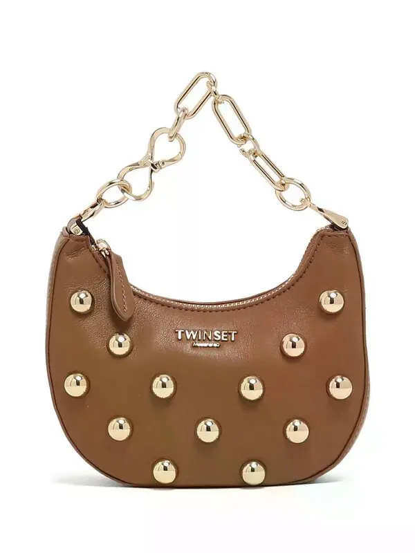 TWINSET Leather Clutch With Studs And Chain - Brown