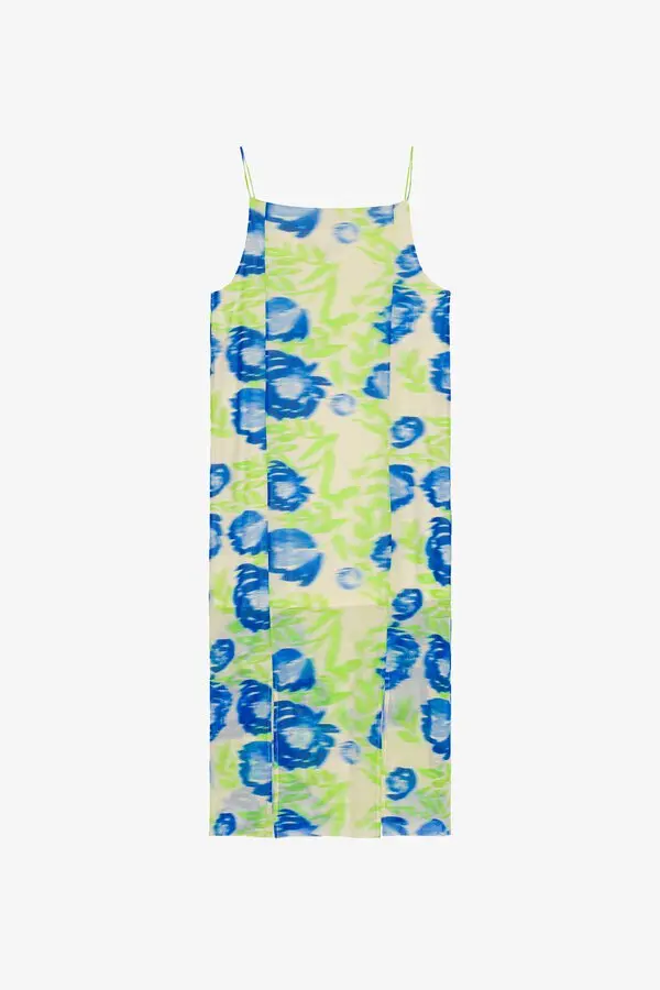 GANNI Printed Mesh Slip Dress - Blue