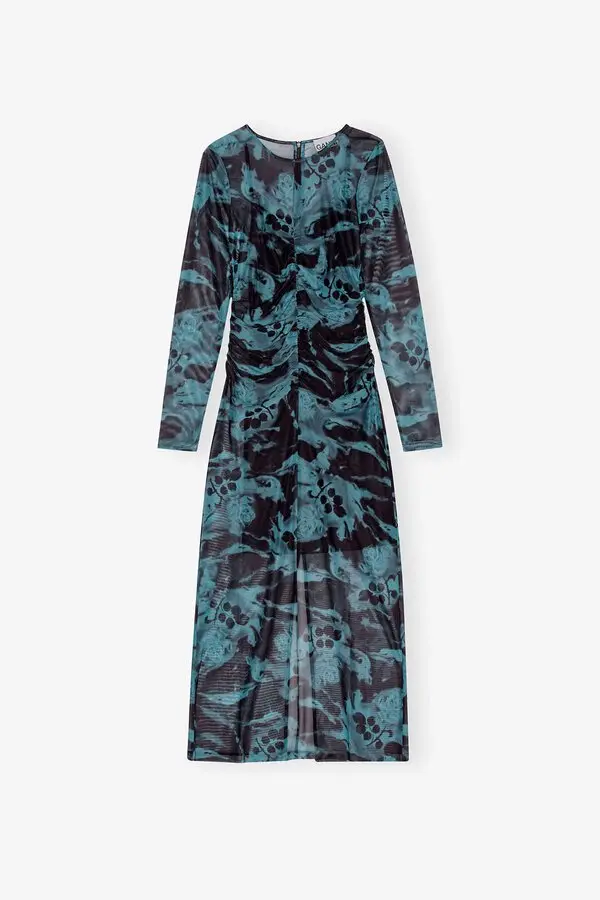 GANNI Printed Mesh O-neck Ruched Long Dress - Blue