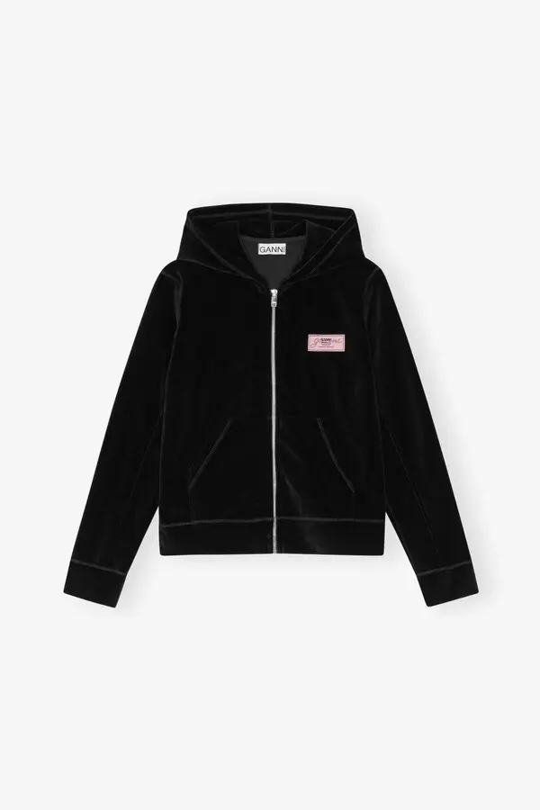 GANNI Heavy Velour Zip Up Hoodie - Black