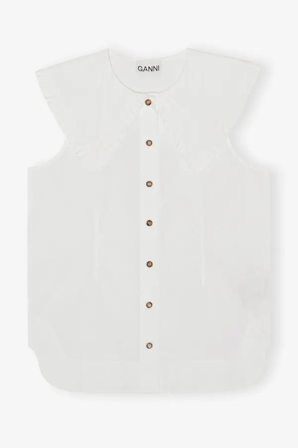 GANNI Cotton Poplin Frill Collar Sleeveless Shirt - White