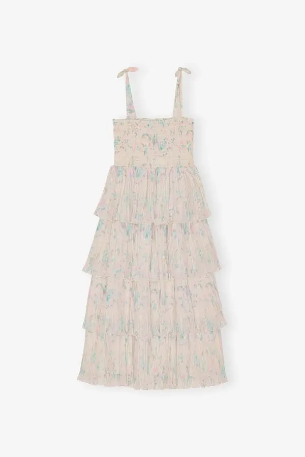 GANNI Floral Printed Pleated Georgette Strappy Tiered Midi Dress - Beige