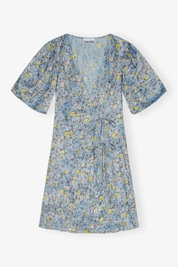 GANNI Floral Printed Crinkled Satin Mini Wrap Dress - Blue