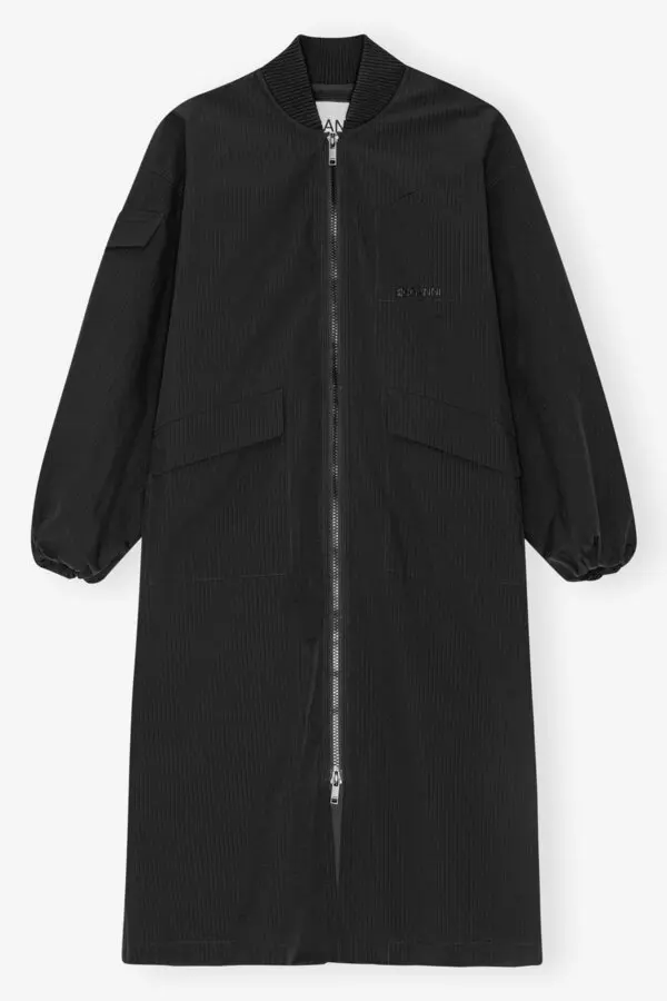 GANNI Tech Seersucker Oversized Shell Coat - Black