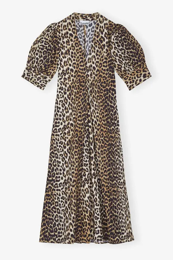 GANNI Leopard Cotton Poplin V-neck Maxi Dress - Mixed