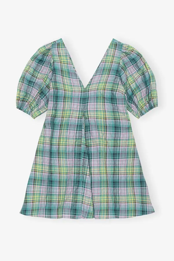 GANNI Seersucker Check Mini Dress - Green