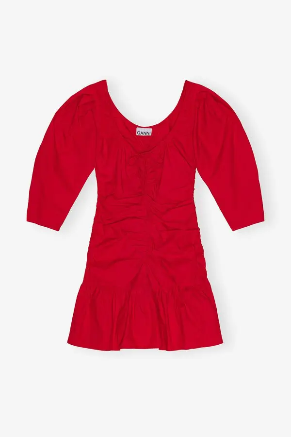 GANNI Cotton Poplin Gathered Mini Dress - Red