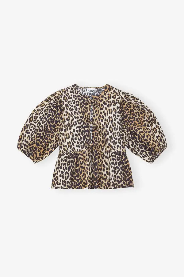 GANNI Leopard Print Cotton Poplin Blouse - Mixed