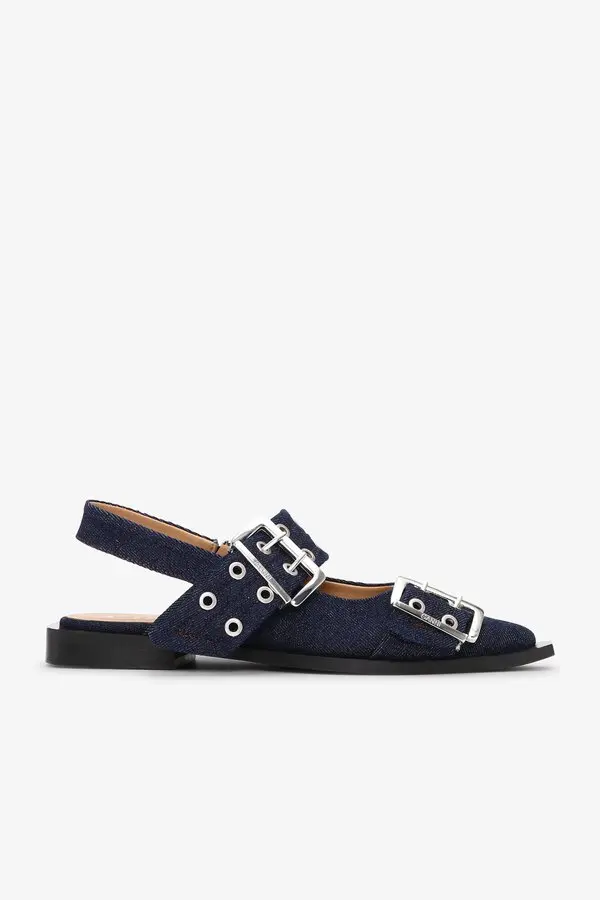 GANNI Denim Buckled Ballerinas - Blue