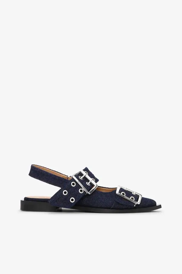 GANNI Denim Buckled Ballerinas - Blue