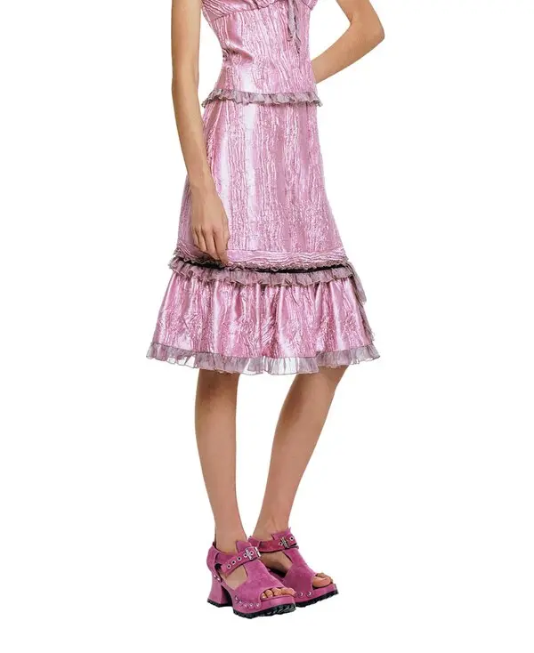 Anna Sui Crushed Satin Ruffle Midi Skirt