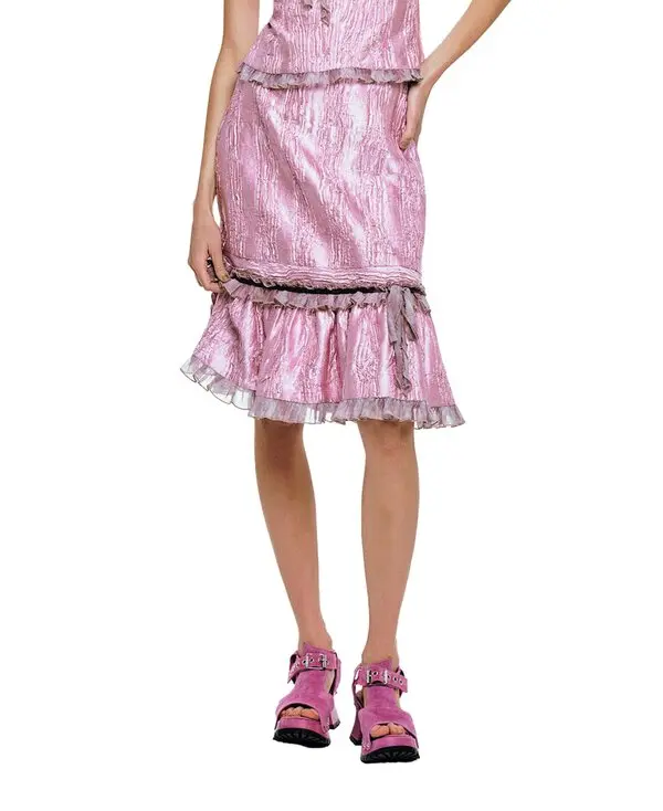 Anna Sui Crushed Satin Ruffle Midi Skirt