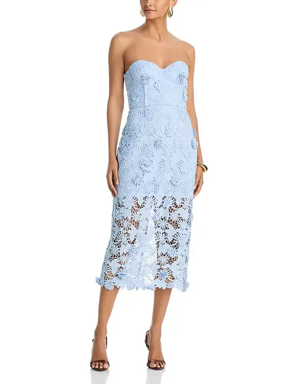 Aqua Strapless 3d Lace Midi Dress - Sky Blue