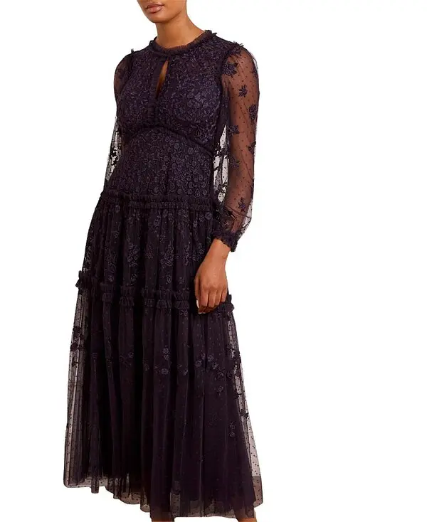 NEEDLE & THREAD Autumn Lace Long Sleeve Ankle Gown - Midnight