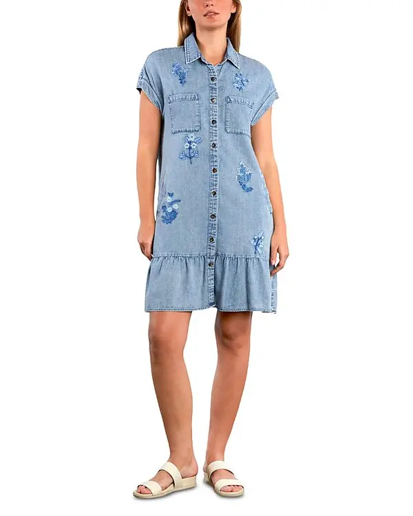 BILLY T Poetic Floral Embroidered Shirt Dress - Denim