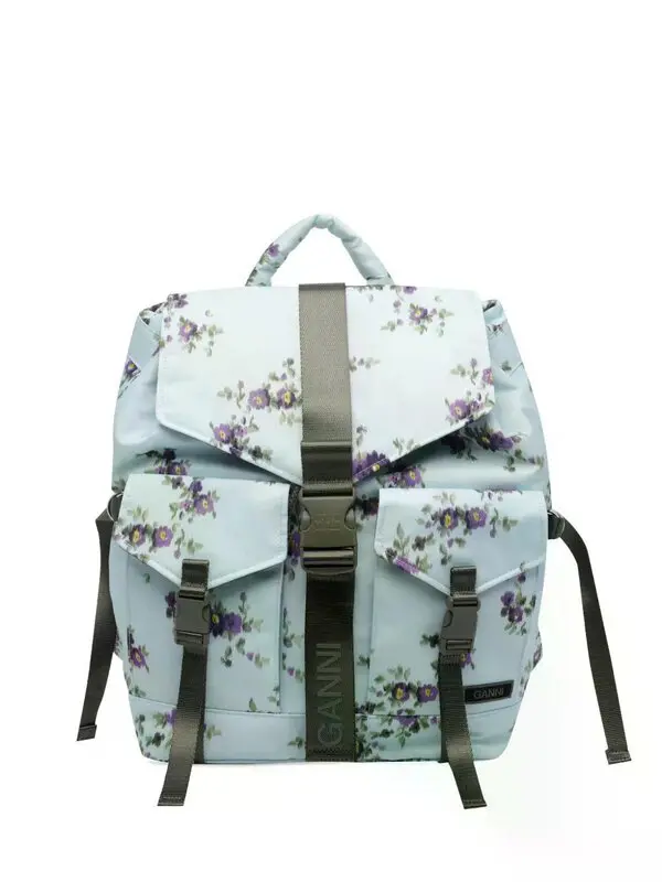 GANNI Floral-print Buckle-fastening Backpack - Blue