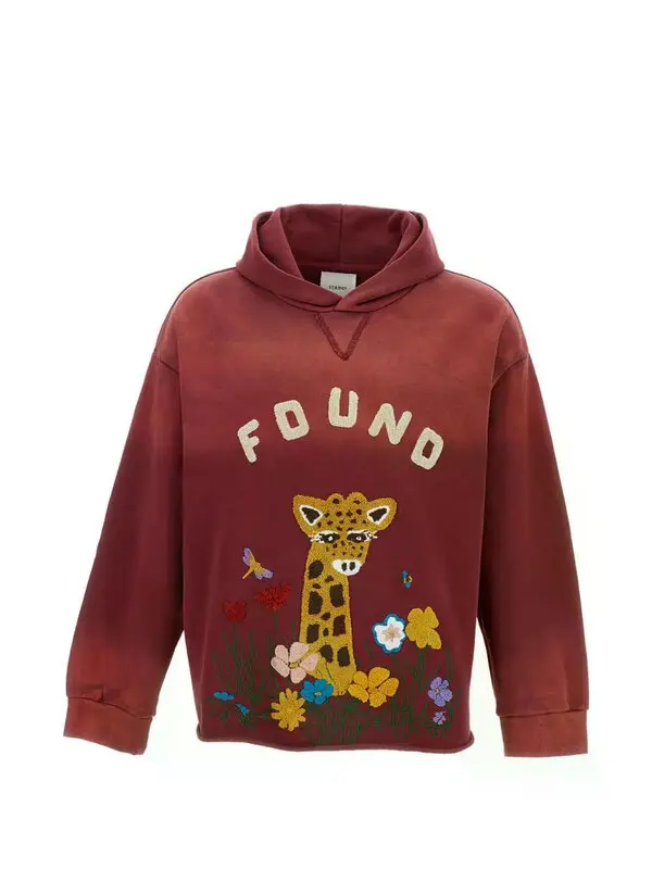 FOUND Chenille-embroidered Raw-cut Hoodie - Red
