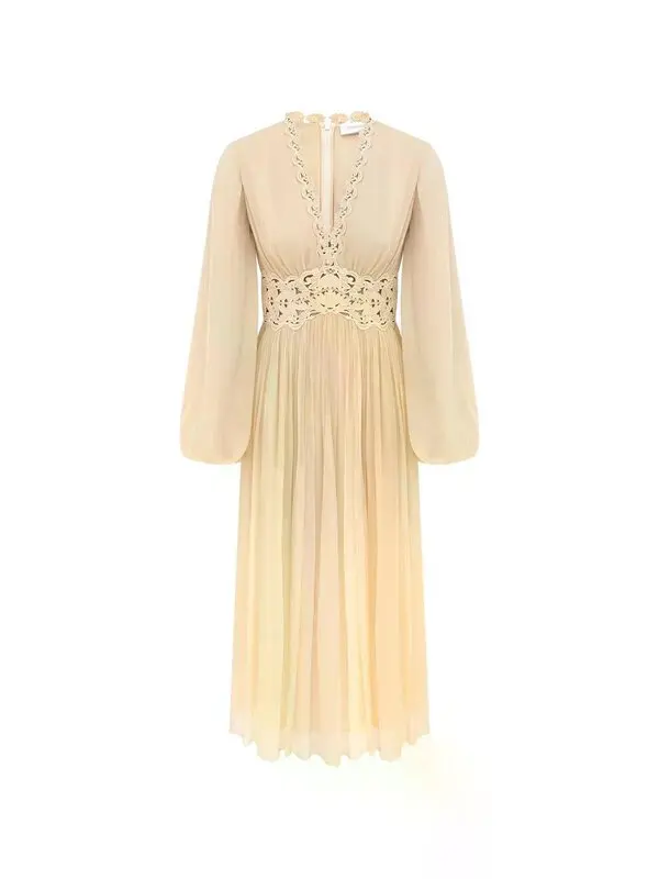 Zimmermann Midi Luna Billow Pleated Dress With Lace Detail - Neutrals