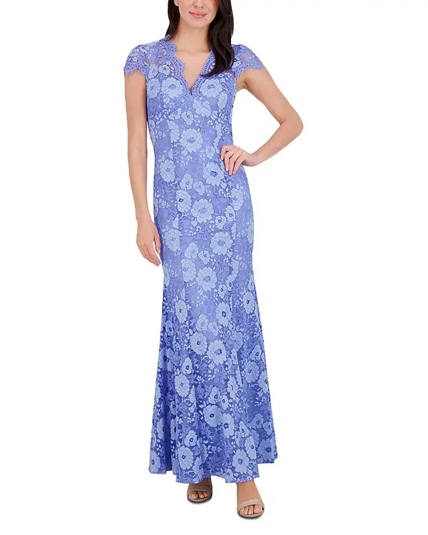 Eliza J Illusion Neck Cap Sleeve Gown - Blue
