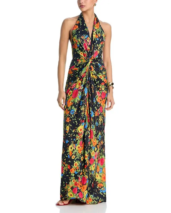 A.L.C. Mabel Twist Front Halter Maxi Dress - Black/persimmon