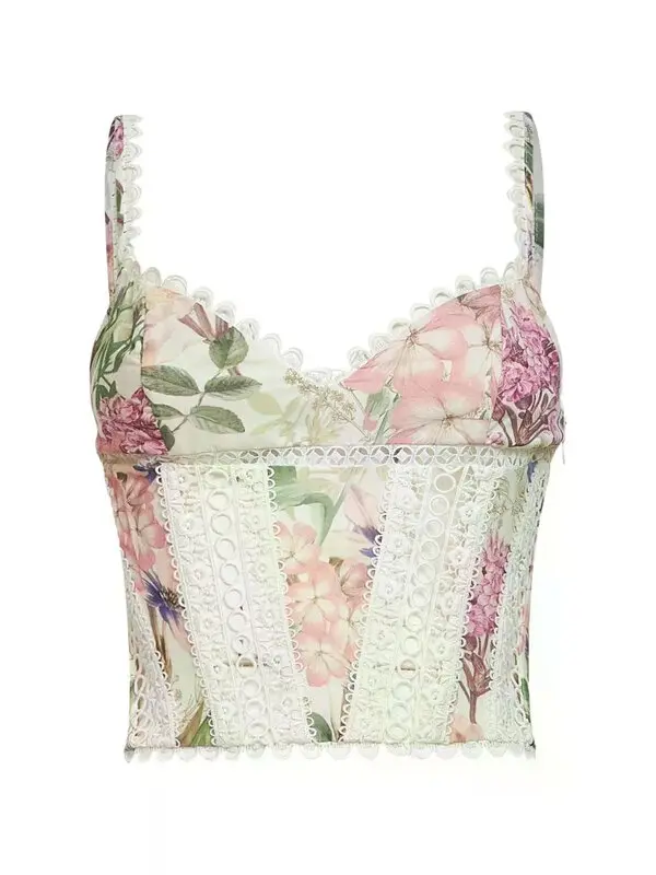 Charo Ruiz Ibiza Floral-print Lace-trim Top - Neutrals