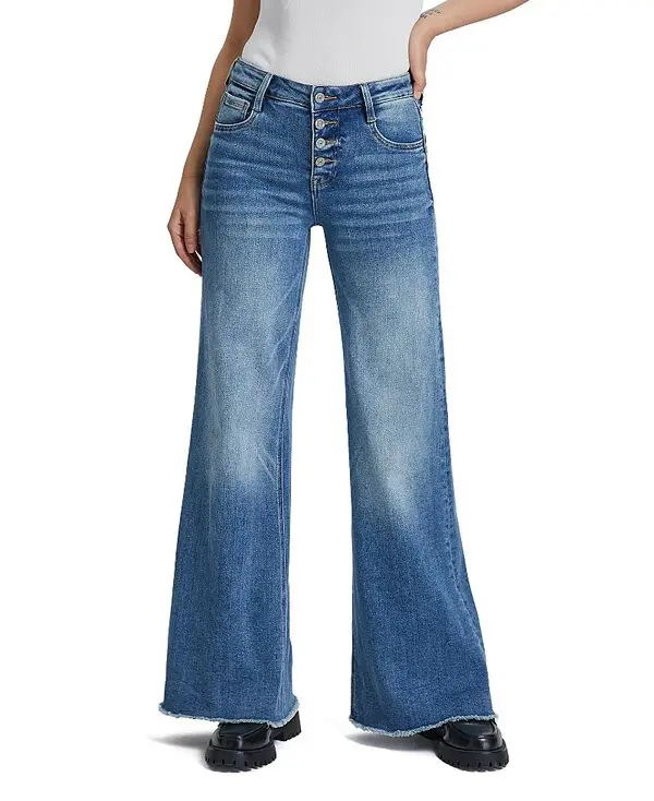 BAYEAS Mid Rise Wide Leg Denim Jeans Button Fly With Frayed Hem In Wash - Bluelotus