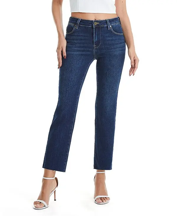 BAYEAS Mid Rise Straight Raw Hem Denim Jeans - Dark Blue