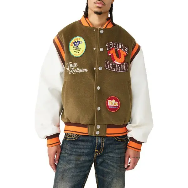 True Religion Garden Logo Varsity Jacket - Capers Green/winter White