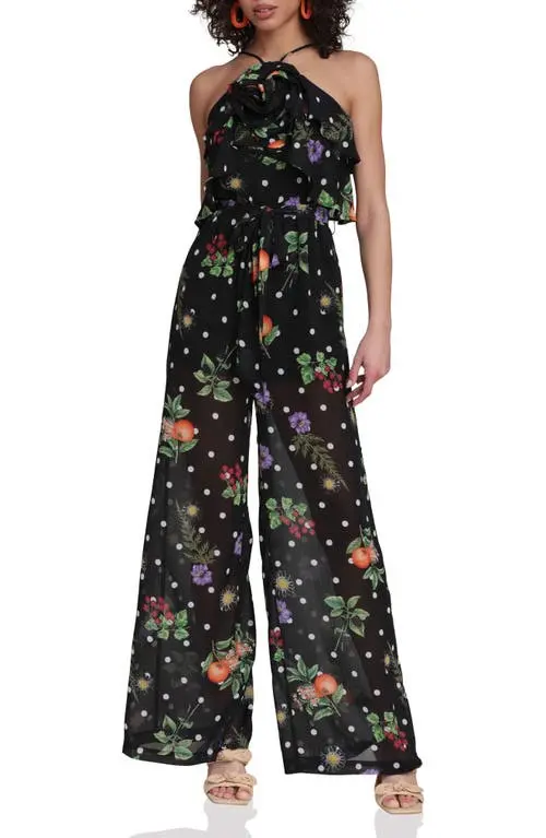 Avec Les Filles Halter Neck Wide Leg Jumpsuit - Black Scattered Botanical