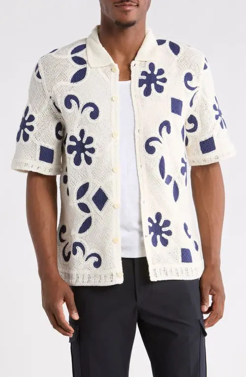 WAX LONDON Porto Doodle Open Knit Short Sleeve Button-up Shirt