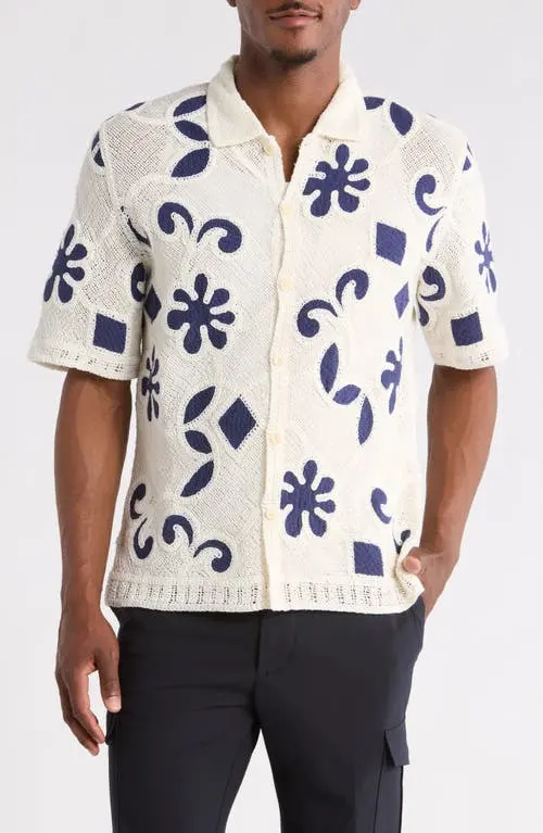 WAX LONDON Porto Doodle Open Knit Short Sleeve Button-up Shirt
