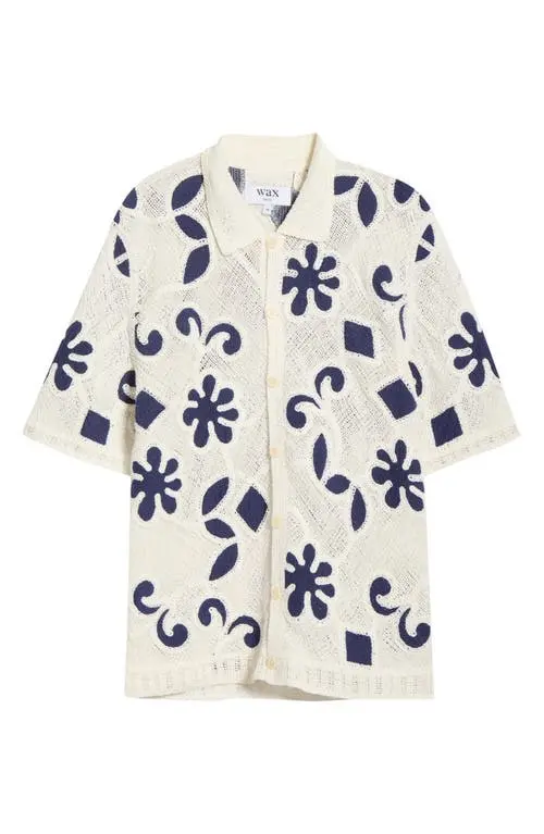 WAX LONDON Porto Doodle Open Knit Short Sleeve Button-up Shirt