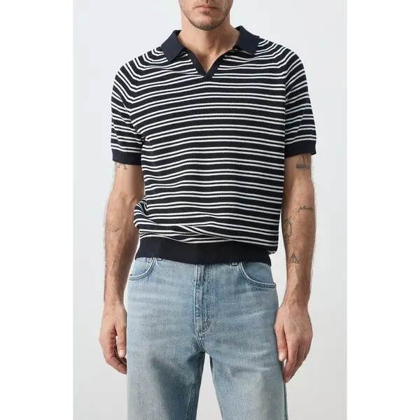 Mango Stripe Knit Polo - Navy