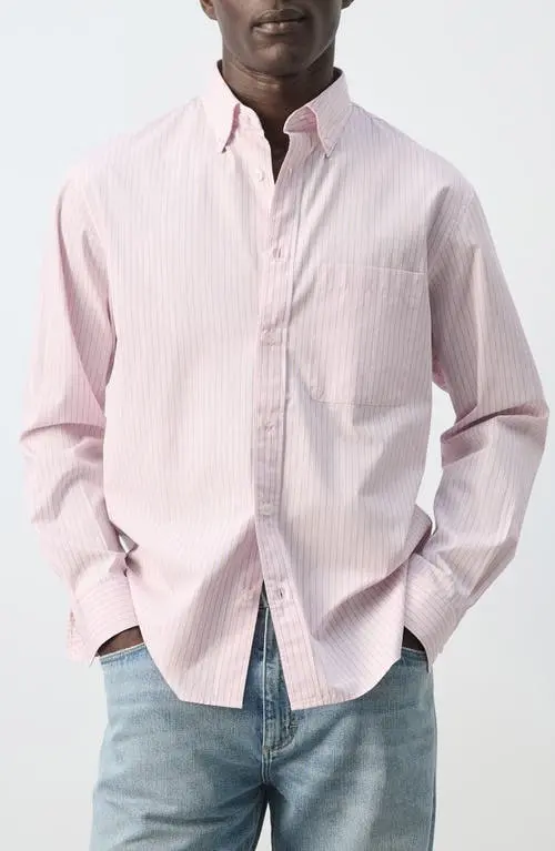 Mango Relaxed Fit Stripe Cotton Button-up Shirt - Pastel Pink
