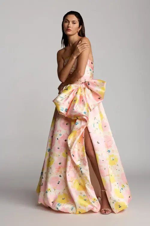 Mac Duggal Mikado Strapless Bubble Hem Ballgown With Bow - Pink Multi
