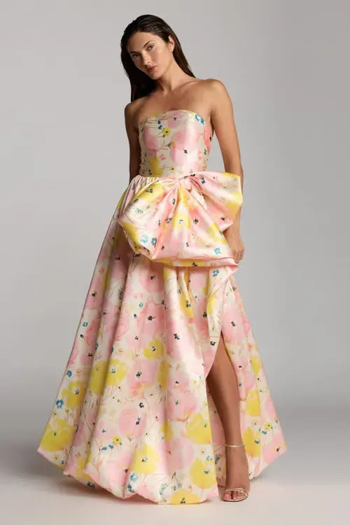 Mac Duggal Mikado Strapless Bubble Hem Ballgown With Bow - Pink Multi